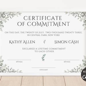 Greenery Certificate Of Commitment Template Editable Commitment Certificate Printable Marriage