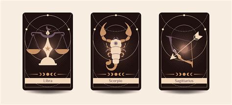 천칭자리 전갈자리 및 궁수자리 조디악 기호는 짙은 갈색 배경에 손으로 그리는 스타일로 초자연적 현상 타로 리더 및 점성가에게