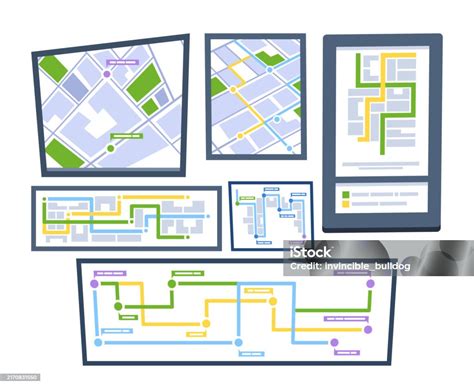 여행을 위한 다채로운 경로와 경로를 강조하는 다양한 디지털 장치에 표시되는 내비게이션 지도 세트 지도에 대한 스톡 벡터 아트 및 기타 이미지 Istock