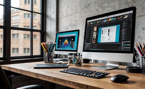 A Modern Workstation With Two Monitors Displaying Graphs And Charts