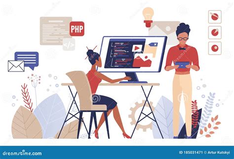 People Programming Vector Illustration Cartoon Flat Man Woman Programmer Developers Work Coder