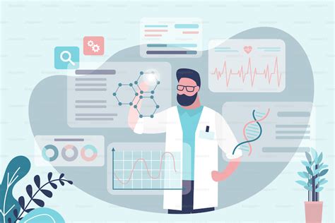 과학자는 제약 연구를 수행합니다 신약을 개발하는 약사 의사 앞에 다양한 그래프와 통계 제약 의학 및 미생물학의 개념 플랫 벡터 그림 벡터 Unsplash의 약국 이미지