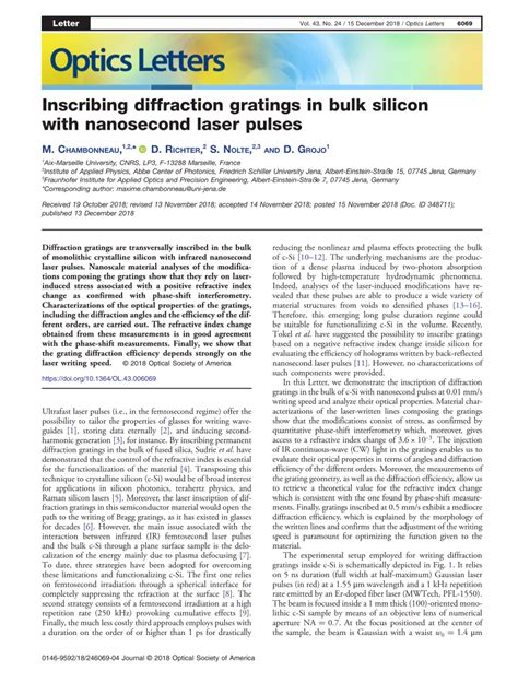 Pdf Inscribing Diffraction Gratings In Bulk Silicon With Nanosecond Laser Pulses