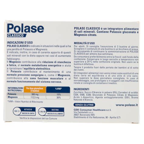 Polase Classico Integratore Alimentare Magnesio E Potassio Sali Minerali Arancia 30 Bustine 330