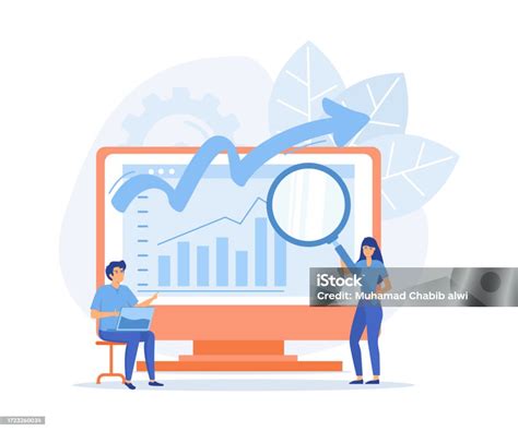 디지털 마케팅 및 프로모션 그래프 차트를 분석하고 비즈니스 목표를 달성하기 위한 마케팅 전략을 계획하는 캐릭터 플랫 벡터 현대