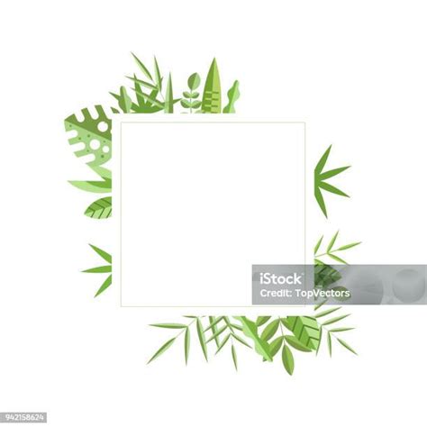 배경에 녹색 잎 프레임 광장 자연 테두리입니다 결혼식 안 내장 저장 날짜 또는 모바일 응용 프로그램에 대 한 평면 벡터 요소 나무에 대한 스톡 벡터 아트 및 기타 이미지