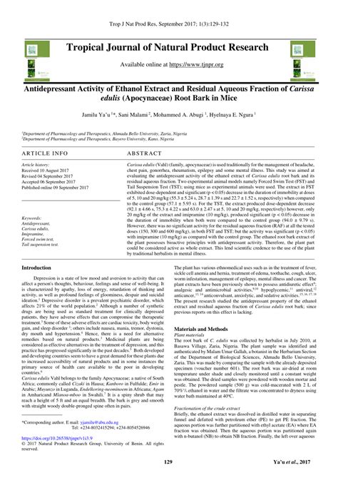 Pdf Antidepressant Activity Of Ethanol Extract And Residual Aqueous