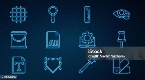 선 색상 팔레트 가이드 푸시 핀 눈금자 Ae 파일 문서 페인트 통 그리드 그래프 용지 노트북 및 기어 및 돋보기 아이콘을