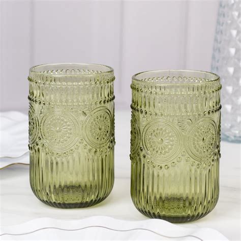 Floral Embossed Glass Tumblers Dusty Sage Green 14oz Efavormart