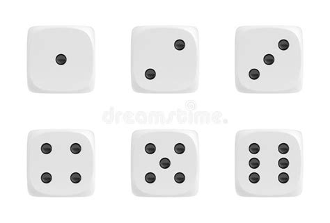 Tolkningen 3d Av En Uppsättning Av Sex Vita Sikt För Tärning Med Svart Pricker Framme Uppvisning