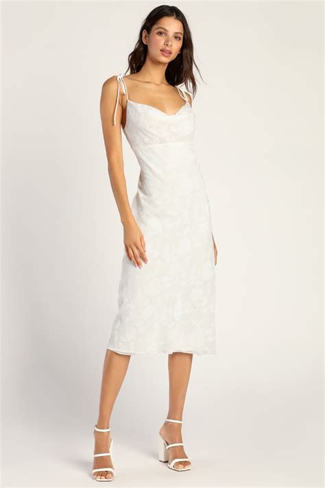 White Floral Midi Dress Slip Midi Dress Tie Strap Dress Lulus
