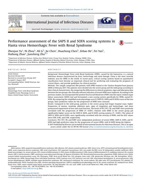 Pdf Performance Assessment Of The Saps Ii And Sofa Scoring Systems In Hanta Virus Hemorrhagic
