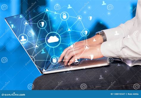 Hand Using Laptop With Centralized Linked Cloud System Concept Stock Image Image Of Handle