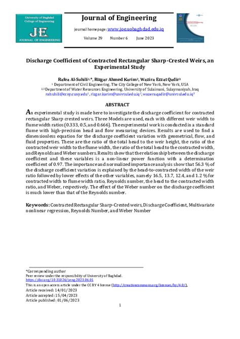 Pdf Discharge Coefficient Of Contracted Rectangular Sharp Crested