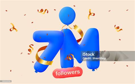 7m 추종자가있는 배너는 3d 파란색 풍선과 다채로운 색종이 형태로 감사합니다 벡터 일러스트 레이 션 3d 숫자 소셜 미디어 7000000 추종자 감사 3차원 형태에 대한