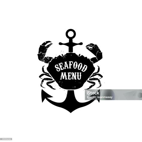 닻을 배경으로 한 게와 해산물 메뉴라는 단어 해산물 메뉴 라벨 템플릿입니다 벡터 일러스트 레이 션입니다 갈고리 발톱에 대한 스톡 벡터 아트 및 기타 이미지 Istock