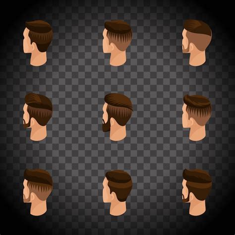 아바타 남자 헤어 스타일 힙 스터 스타일의 아이소 메트릭 세트 프리미엄 벡터