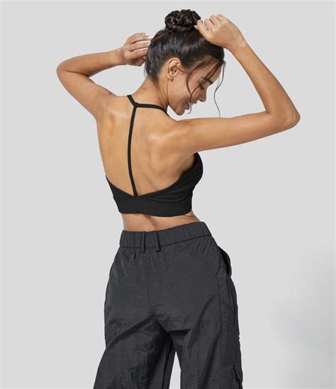 Womens Ribbed Low Support Halter Backless Solid Cropped Yoga Sports Bra Halara
