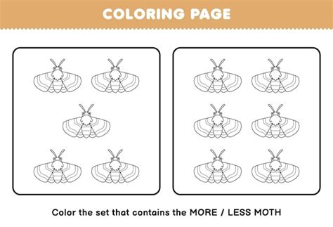 귀여운 만화 나방 라인 아트 세트 인쇄 가능한 버그 워크시트의 페이지를 색칠하는 어린이를 위한 교육 게임 프리미엄 벡터