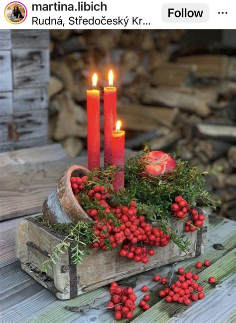 Rustic Christmas Decorations With Red Berries And Candles