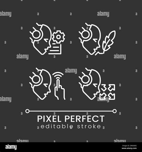 Artificial Intelligence Capabilities Pixel Perfect White Linear Icons Set For Dark Theme Stock