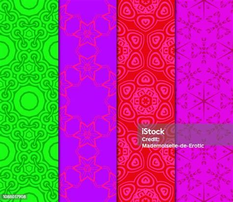 빨간색 보라색 녹색 색상 추상적인 벡터 완벽 한 패턴으로 추상적인 기하학적 스타일의 집합입니다 샘플 그림 및 라인을 반복 한다 패션 인테리어 디자인 벽지 섬유 산업에 대 한