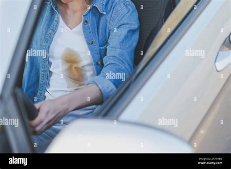 Coffee Stain Unrecognizable Girl Spilling Coffee Or Tea On Herself Spoiled Clothes Concept Of