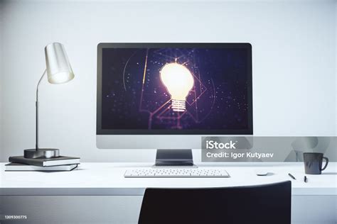 현대 컴퓨터 모니터 미래 기술 개념에 창조적 인 전구 그림 3d 렌더링 0명에 대한 스톡 사진 및 기타 이미지 0명 3차원 형태 개념 Istock