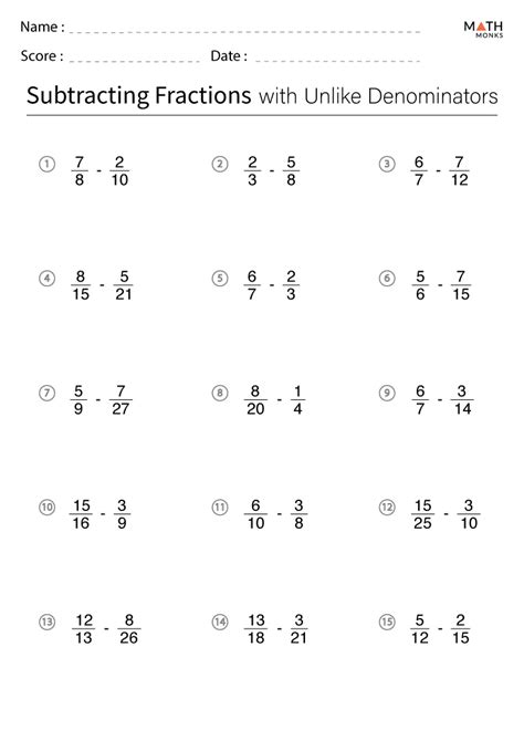 Subtracting Fractions Worksheets Math Monks