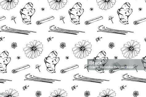 손으로 그린 허브와 향신료 요소가 있는 완벽한 패턴 부엌 허브와 향신료 벡터 일러스트 레이 션 가지 식물 부위에 대한 스톡 벡터 아트 및 기타 이미지 Istock