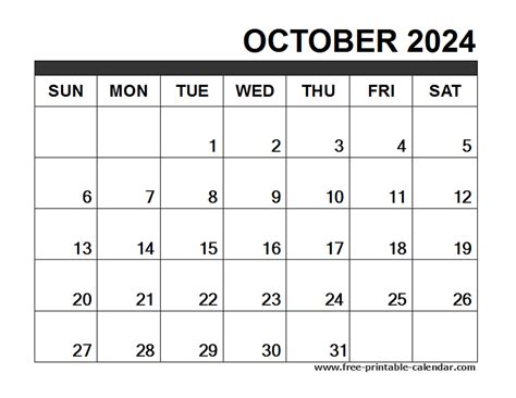 October 2024 Calendar Printable Free Printable