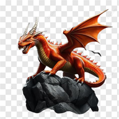 용 공상 상상 허구 생물 생명체 사납다 난폭 난폭하다 오렌지색 비늘 날카롭다 이 이빨 뿔 날개 퍼져 나가다 퍼지다 퍼지다 확산 바위 암석 노두 위에 자리잡다 세부 디테일