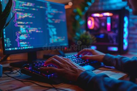 Programmer Is Hands On Keyboard Writing Source Code On Screen Monitor Showing Writing Code