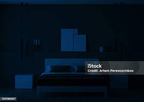 현대적인 집 인테리어 어두운 벽과 밝은 가구가있는 침실 밤 저녁 조명 3d 렌더링 0명에 대한 스톡 사진 및 기타 이미지 0명 3차원 형태 가구 Istock