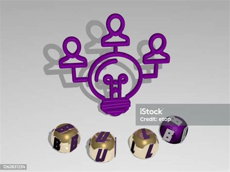 개념 프리젠 테이션 및 슬라이드 쇼에 대한 우수한 상단 관점에서 금속 입방 문자에 의해 아이콘 주위에 내장 된 텍스트와 함께