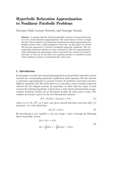 Pdf Hyperbolic Relaxation Approximation To Nonlinear Parabolic Problems