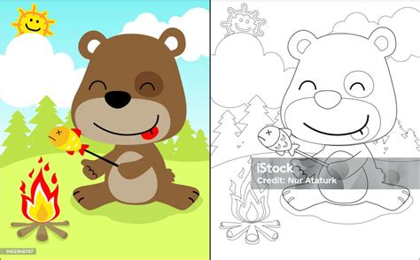 자연 배경에 생선을 굽는 귀여운 곰 만화가 있는 색칠하기 책의 벡터 그림 곰에 대한 스톡 벡터 아트 및 기타 이미지 곰