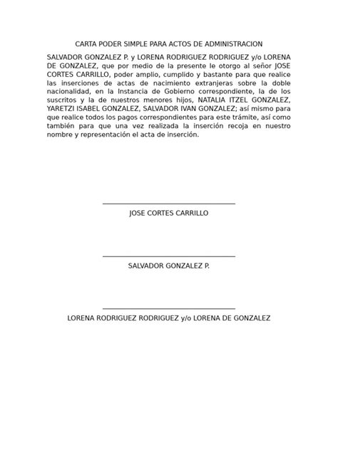 Carta Poder Simple Para Actos De Administracion Pdf