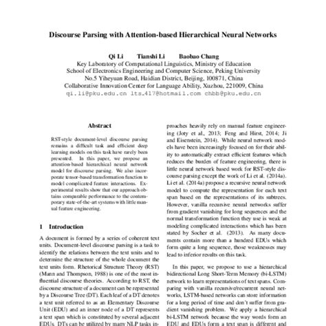 discourse parsing with attention based hierarchical neural networks