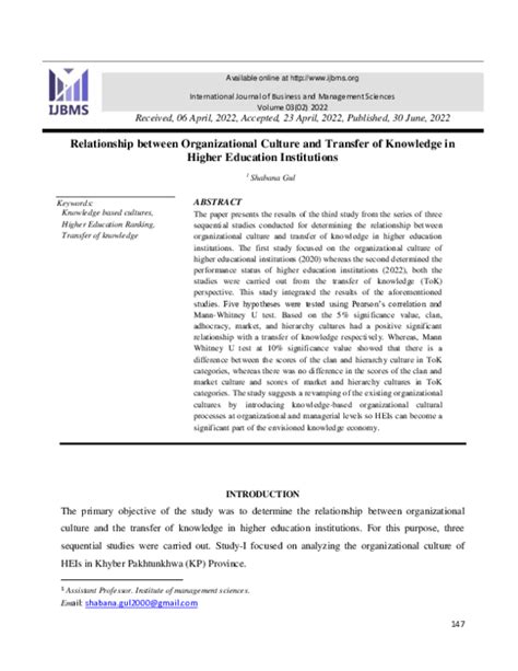 Pdf Relationship Between Organizational Culture And Transfer Of Knowledge In Higher Education