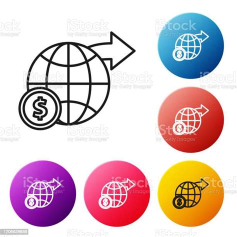 흰색 배경에 고립 된 달러 기호 아이콘과 검은 선 지구 지구 지구 지구 세계 또는 지구 기호입니다 글로벌 인터넷 기호입니다 기하학적 모양입니다 아이콘 다채로운 원 버튼을