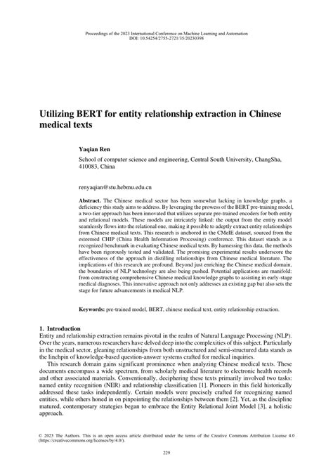 Pdf Utilizing Bert For Entity Relationship Extraction In Chinese Medical Texts