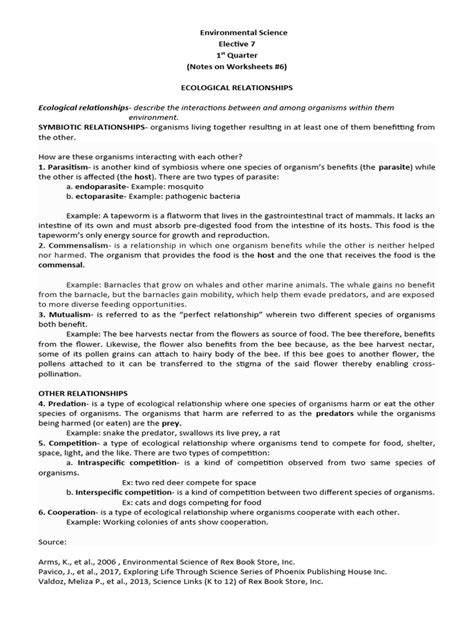 1st Q Worksheet 6 Interactions Between Species Pdf Parasitism