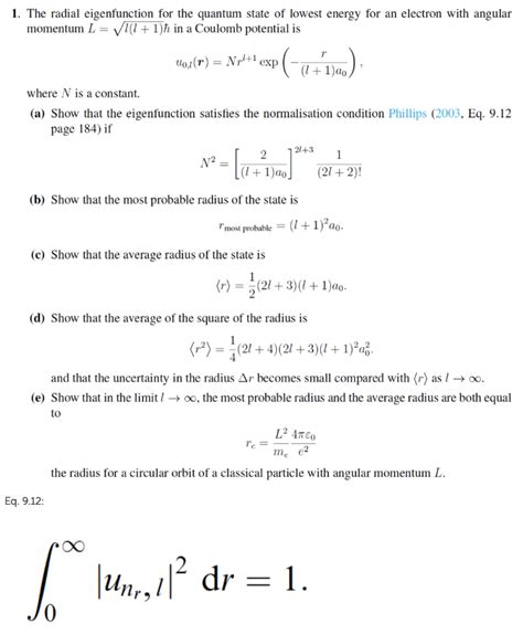 Solved 1 The Radial Eigenfunction For The Quantum State Of