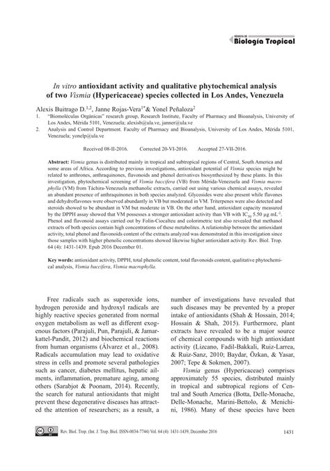 Pdf In Vitro Antioxidant Activity And Qualitative Phytochemical
