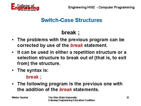 Engineering H 192 Computer Programming Switch Case Structures