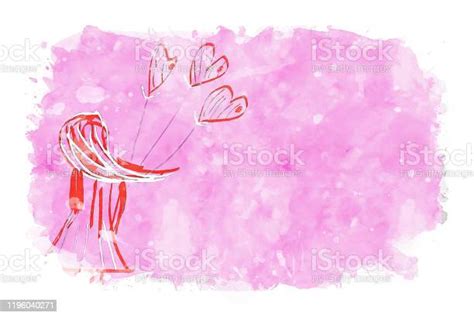 분홍색 수채화 배경에 하트 모양 풍선을 들고 소녀 발렌타인 데이 카드에 대한 수채화 그림 수채화에 대한 스톡 벡터 아트 및 기타 이미지 수채화 귀여운 만화 Istock
