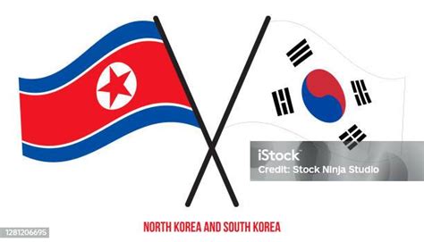 북한과 남한 의 국기가 평평하고 흔들리는 모습을 보며 넘어갔다 공식 비율 올바른 색상 대한민국에 대한 스톡 벡터 아트 및 기타 이미지 대한민국 북한 컨퍼런스 이벤트