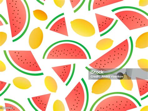 수박 조각과 레몬 그라데이션 색상의 매끄러운 패턴 여름 과일은 흰색 바탕에 레몬과 수박을 섞는다 인쇄물 배너 및 포스터를 위한 디자인 벡터 그림 가리기에 대한 스톡 벡터