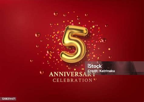 5주년 기념 행사 황금 풍선의 형태로 번호입니다 사실적인 3d 골드 번호와 반짝이는 색종이 반짝이 생일 또는 결혼식 이벤트에 대한 수평 템플릿입니다 벡터 일러스트레이션